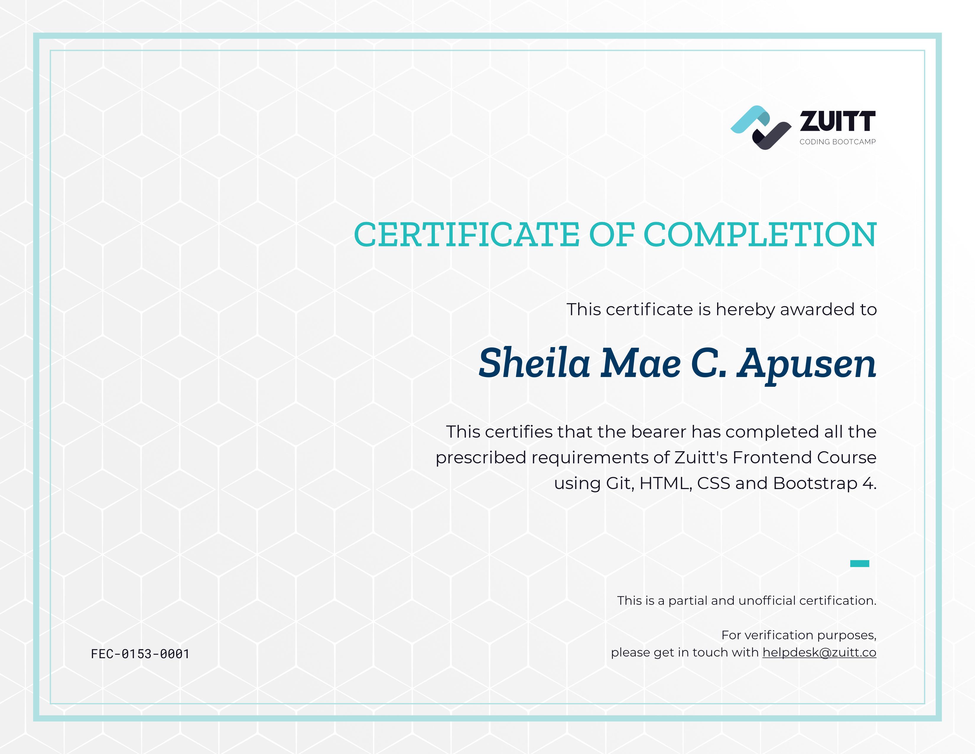 Zuitt Coding Bootcamp Certificate Of Completion
